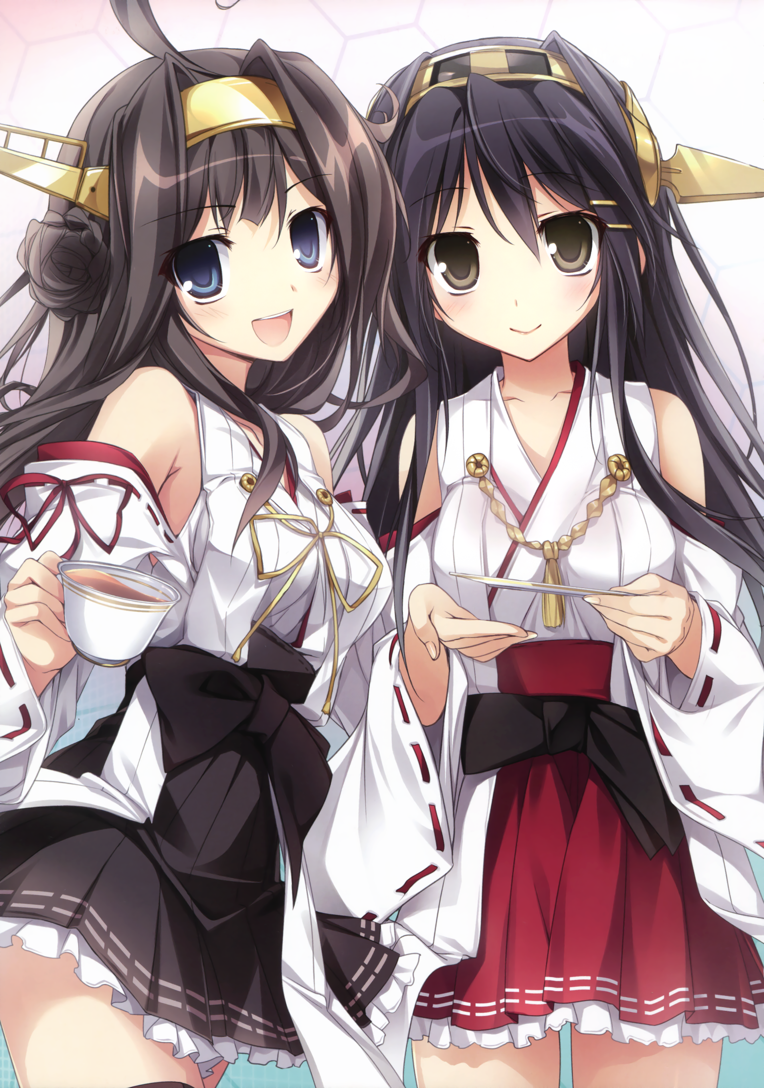 Safebooru - 2girls :d absurdres ahoge black hair breasts brown eyes cup detached sleeves haruna ...